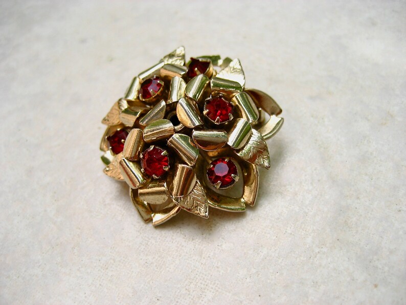 Vintage Coro Red Rhinestone Flower Brooch Domed Gold Tone - Etsy