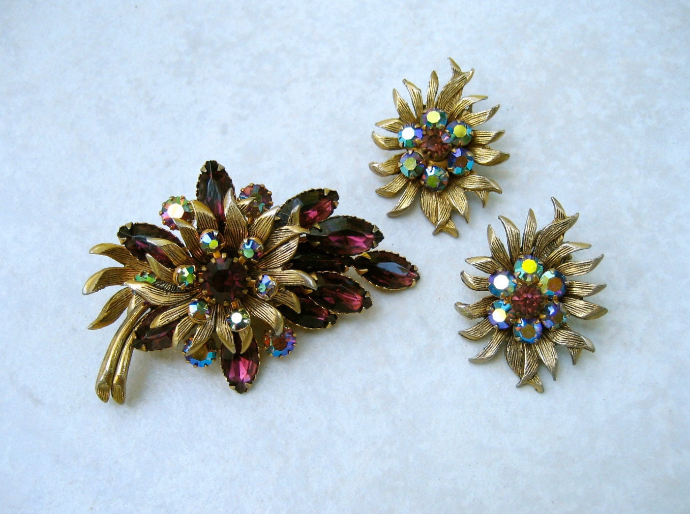 Vintage Selini Rhinestone Set Brooch Earrings Purple Navette AB Floral ...