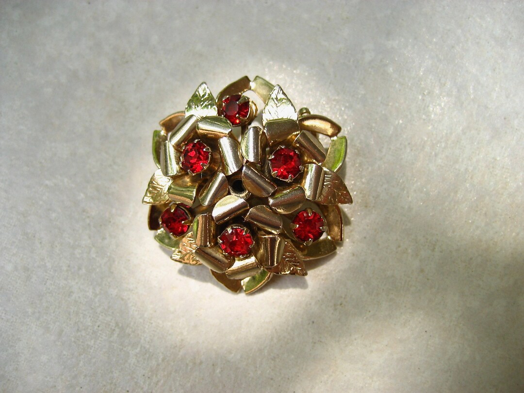 Vintage Coro Red Rhinestone Flower Brooch Domed Gold Tone - Etsy