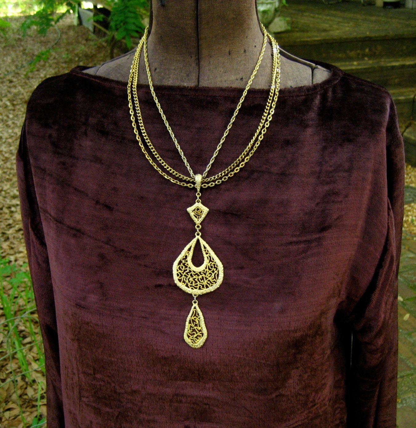 Vintage Festoon Necklace Triple Pendant Gold Tone Openwork Multi Chain ...
