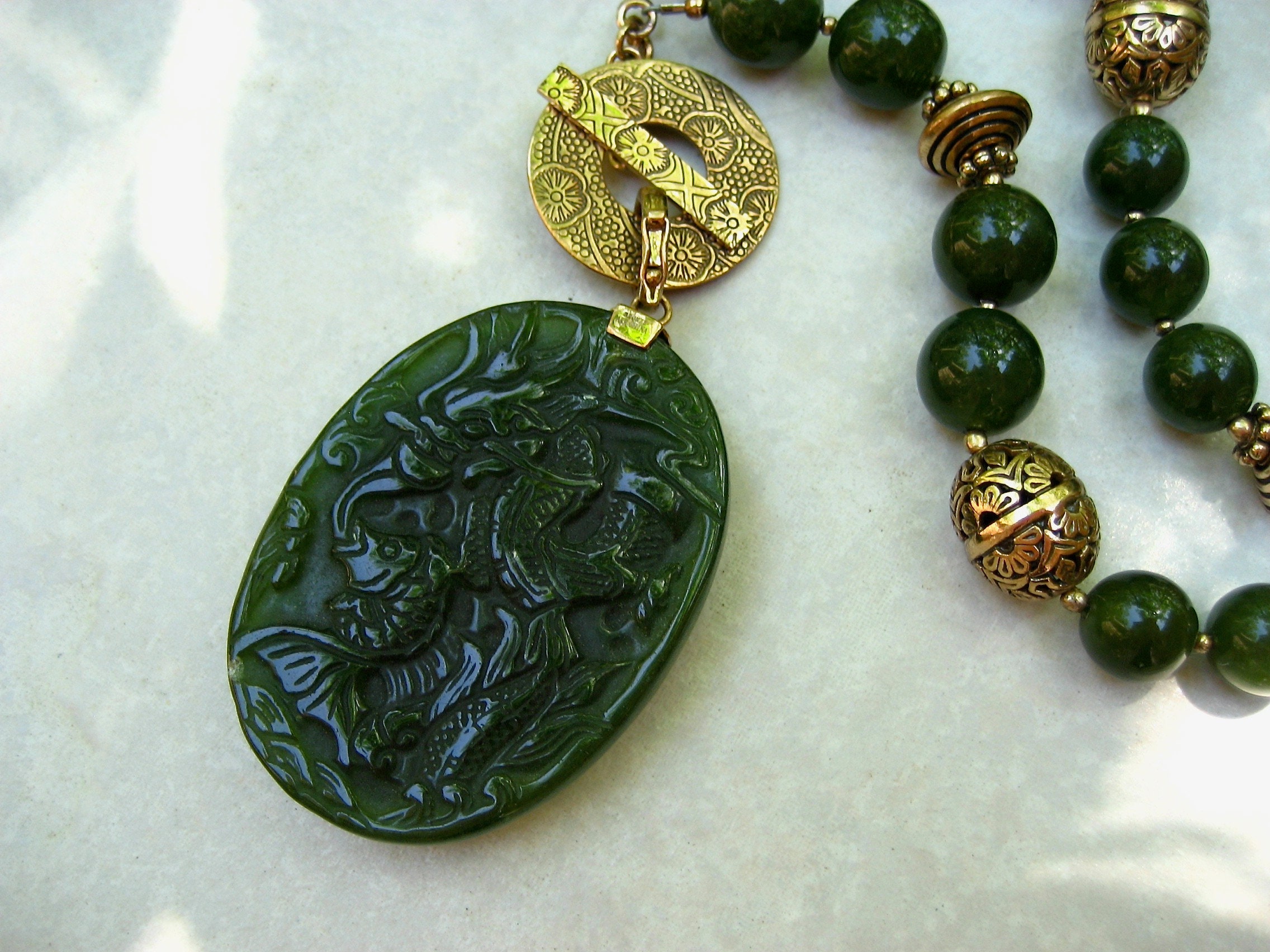 Vintage Amy Kahn Russell Pendant Necklace Asian Carved Green Gemstone ...