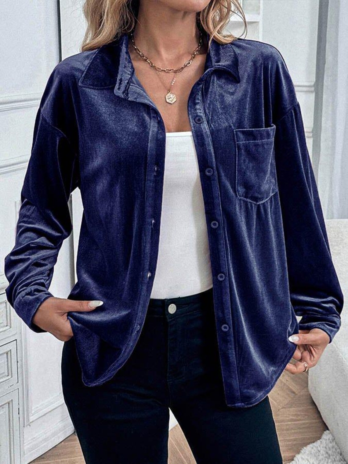 Winter Warm Velvet Top for Women| Velvet Shirt | Christmas Navy Blue ...