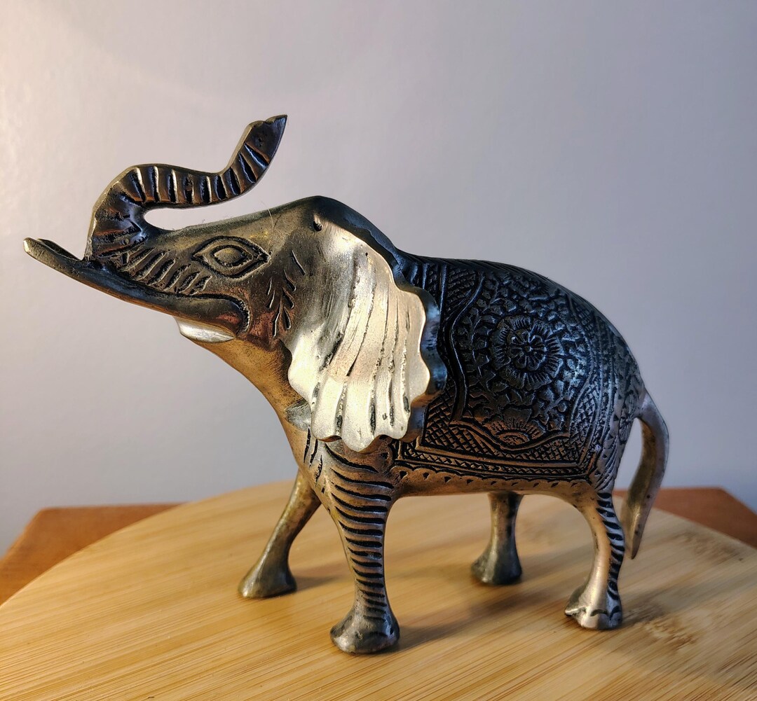 Vintage Etched Solid Metal Elephant Figurine 5″ Trunk up Good Luck ...