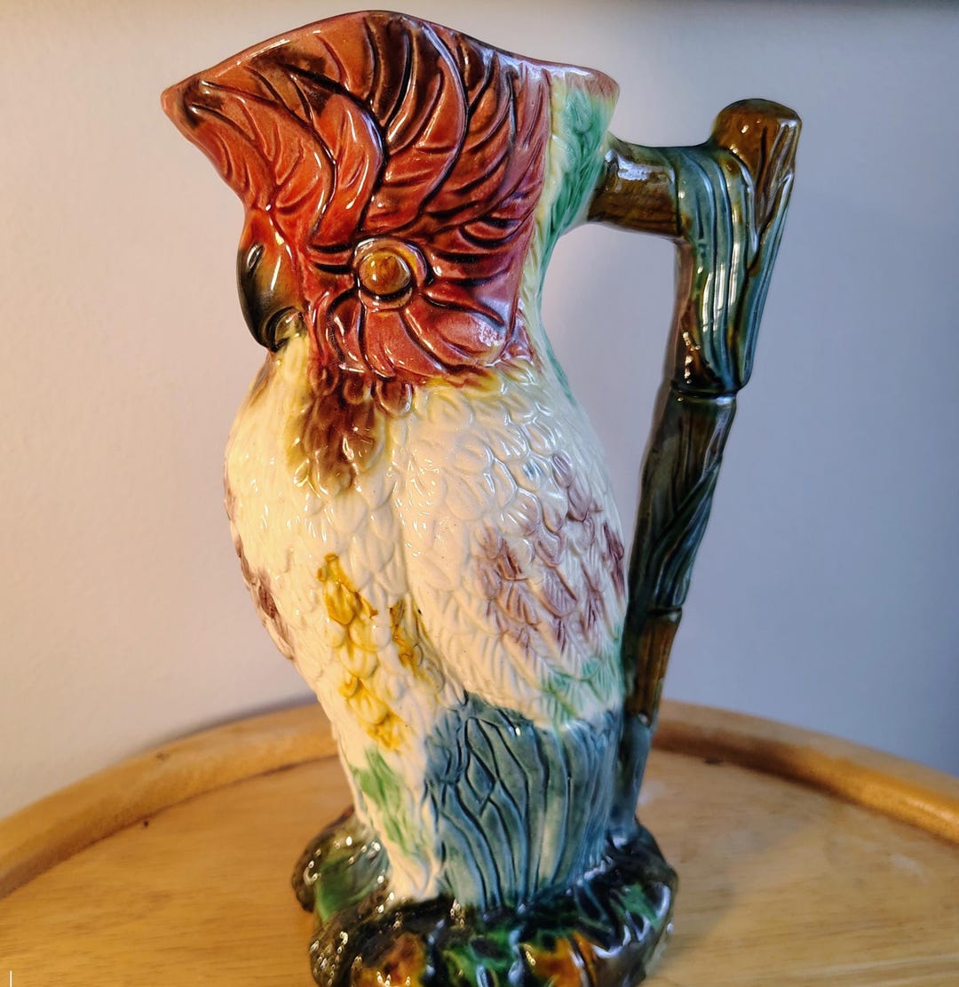 Vintage Majolica Cockatoo Pitcher – Hand-painted Parrot Jug, 7" - Etsy