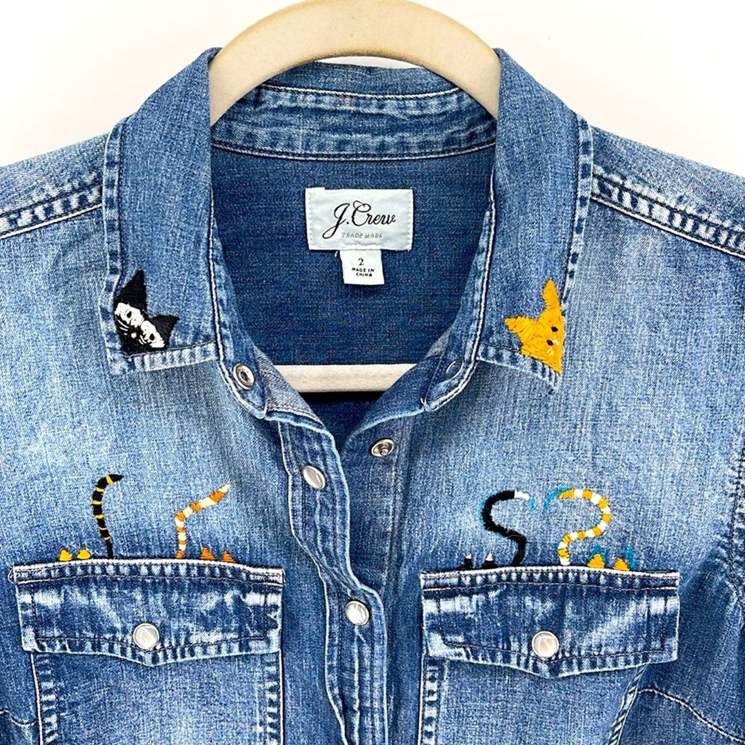 Handcrafted Cat Kitty Embroidered Art to Wear One of a Kind Denim Snap ...