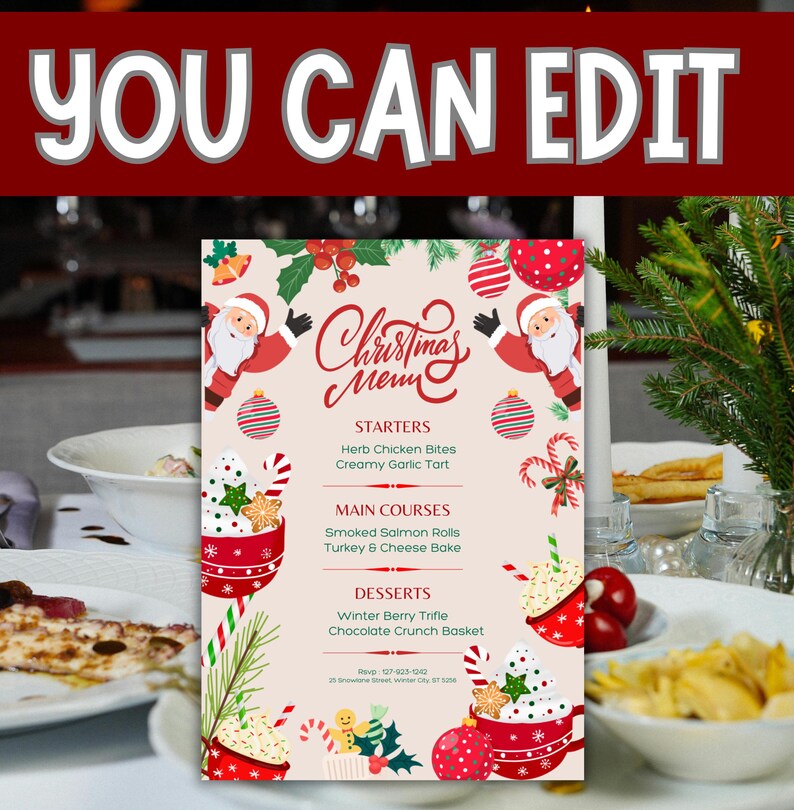Christmas Menu Template | Editable Holiday Dinner Menu | Printable ...