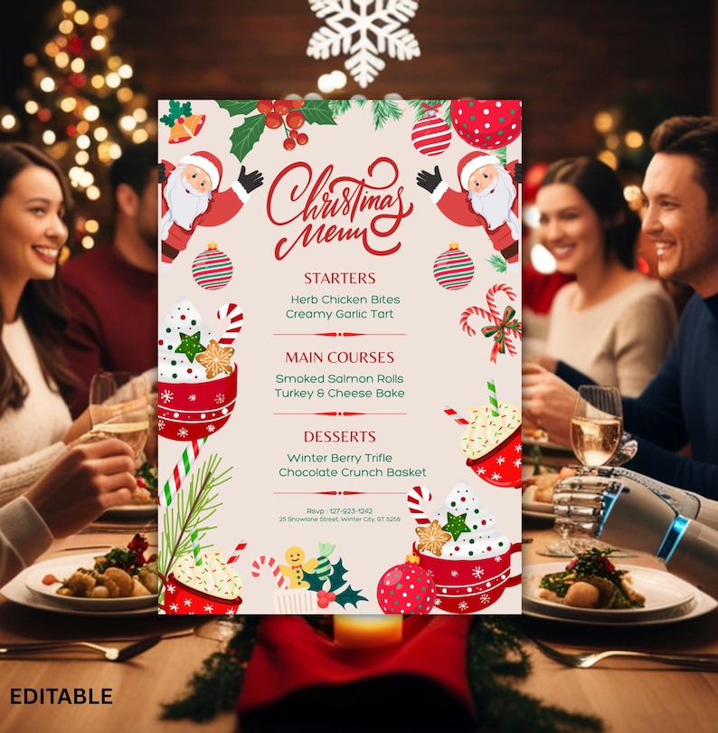 Christmas Menu Template | Editable Holiday Dinner Menu | Printable ...