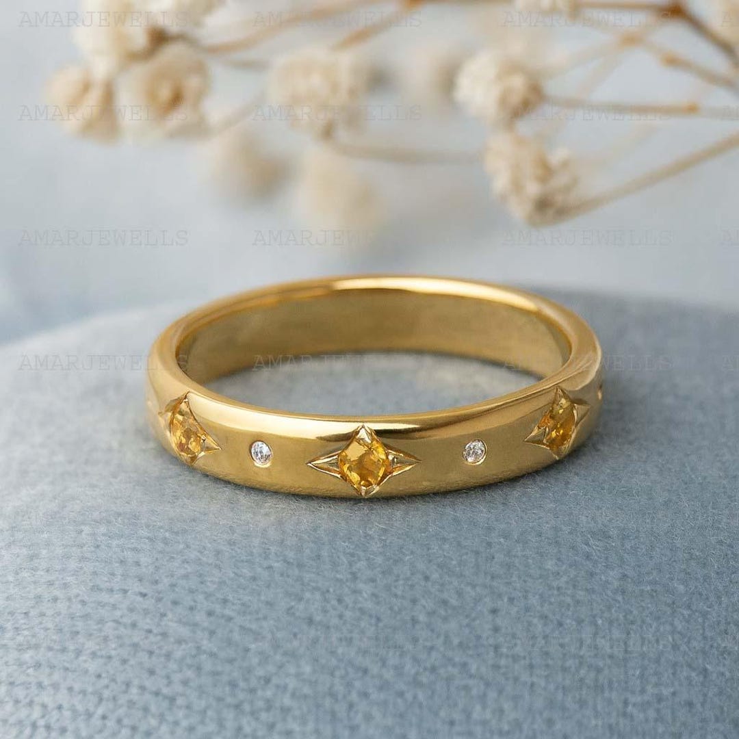 14k Gold Citrine Wedding Band, Stackable Diamond Band, Handmade Gold ...