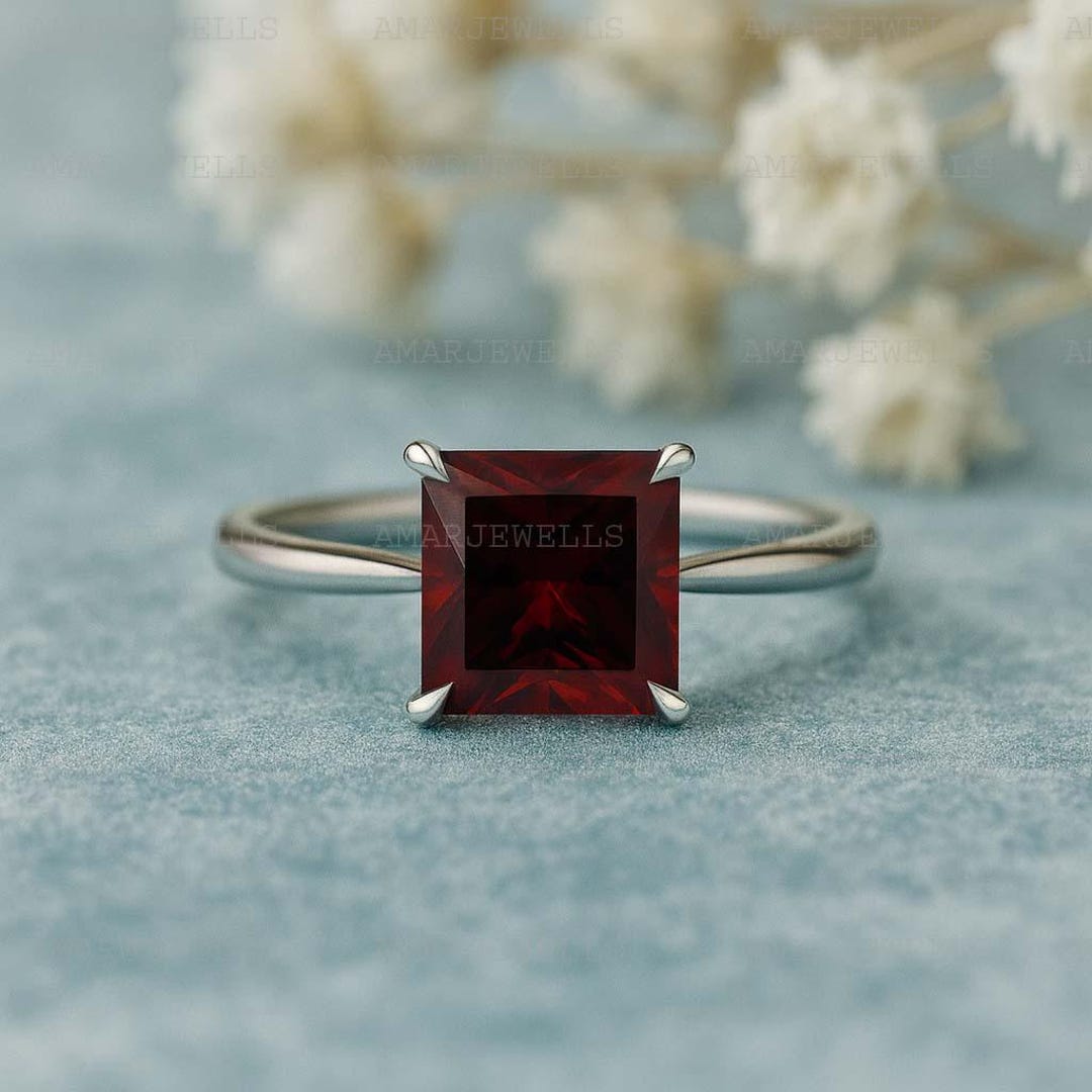 Sterling Silver Square Garnet Ring · Solitaire Ring · Deep Red Garnet ...