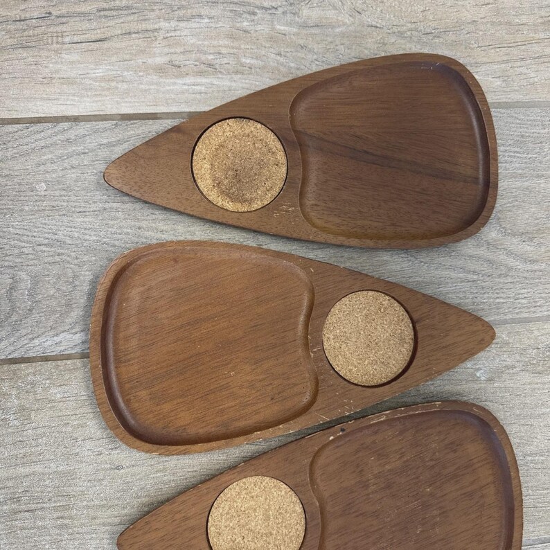 4 Vintage MCM Sere Wood Hand Carved Triangle Party Snack Tray W/coaster ...