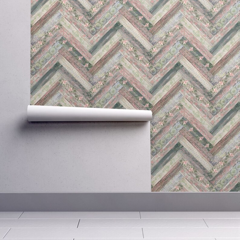 Vintage Wood Chevron Tiles Wallpaper Pink Green REMOVABLE Peel | Etsy