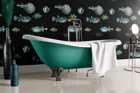 Acquario Fish Wallpaper Black Teal Orange REMOVABLE Peel and - Etsy