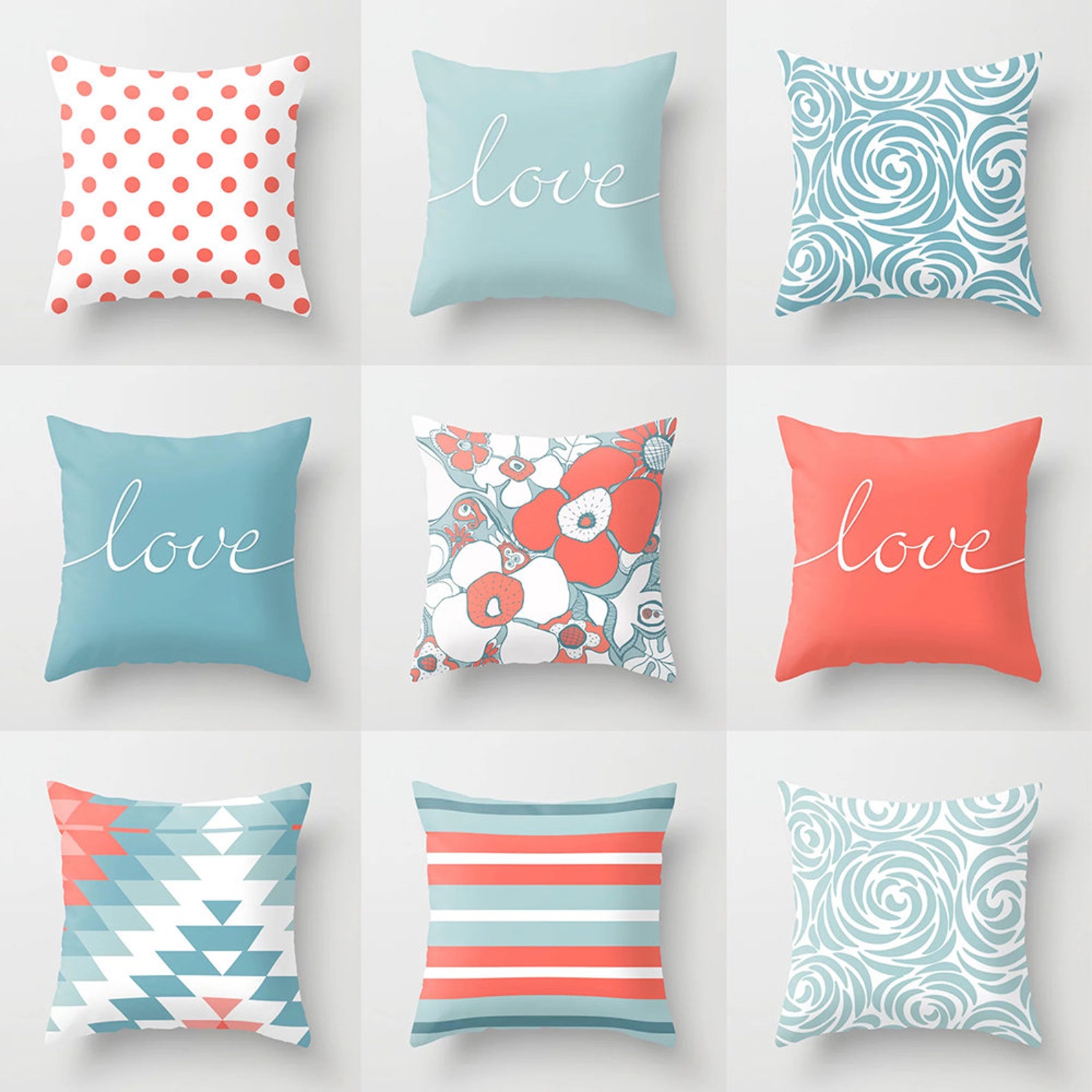 Living Coral Blue White Throw Pillow Mix and Match Indoor Outdoor ...
