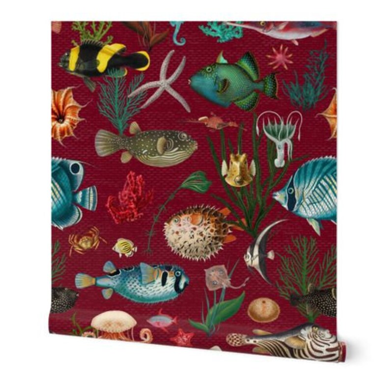 Ocean Fish Wallpaper Burgundy Red Teal Blue Tan Coral - Etsy
