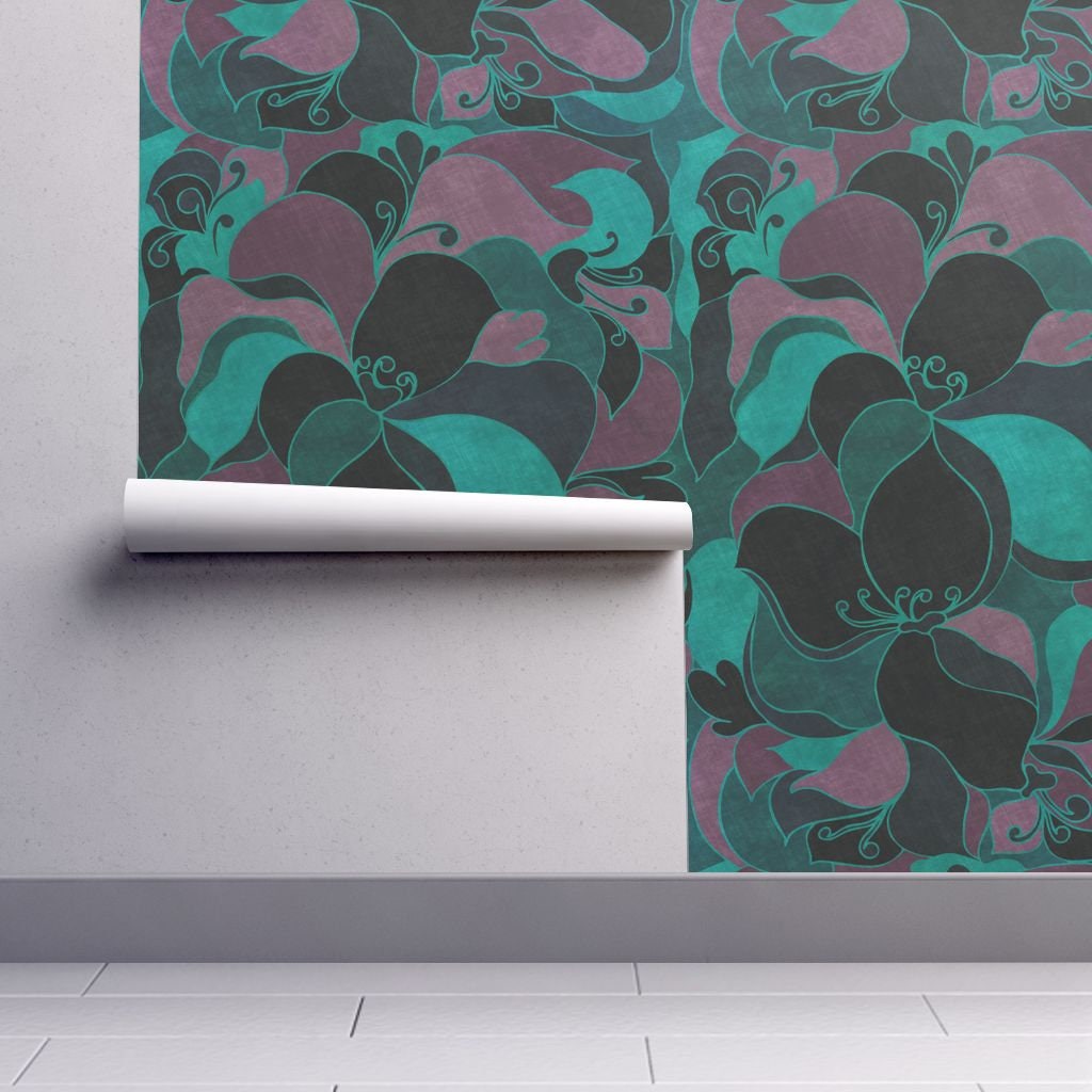 Teal & Purple Floral Wallpaper REMOVABLE Peel and Stick Self | Etsy