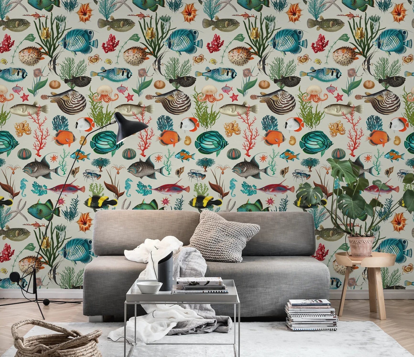 Ocean Fish Wallpaper Greige Teal Coral Red REMOVABLE Peel and Stick ...