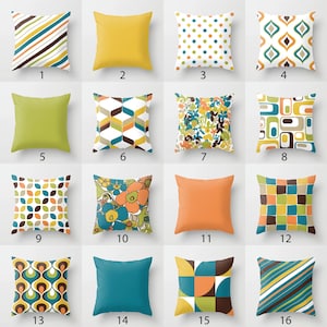 Yellow Teal Orange Green Brown Throw Pillow Mix and Match Indoor ...