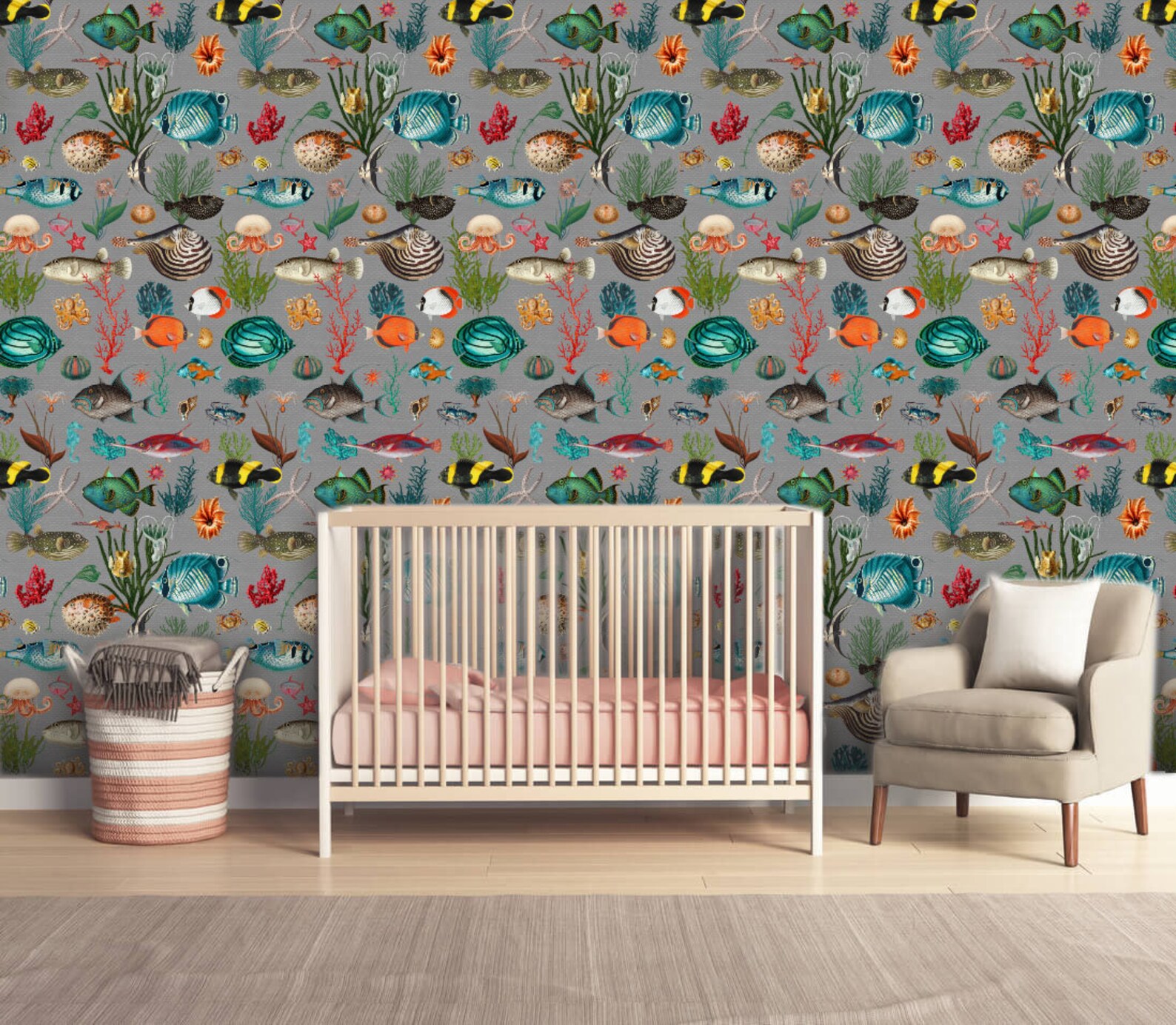 Ocean Fish Wallpaper grey teal coral red REMOVABLE Peel and | Etsy