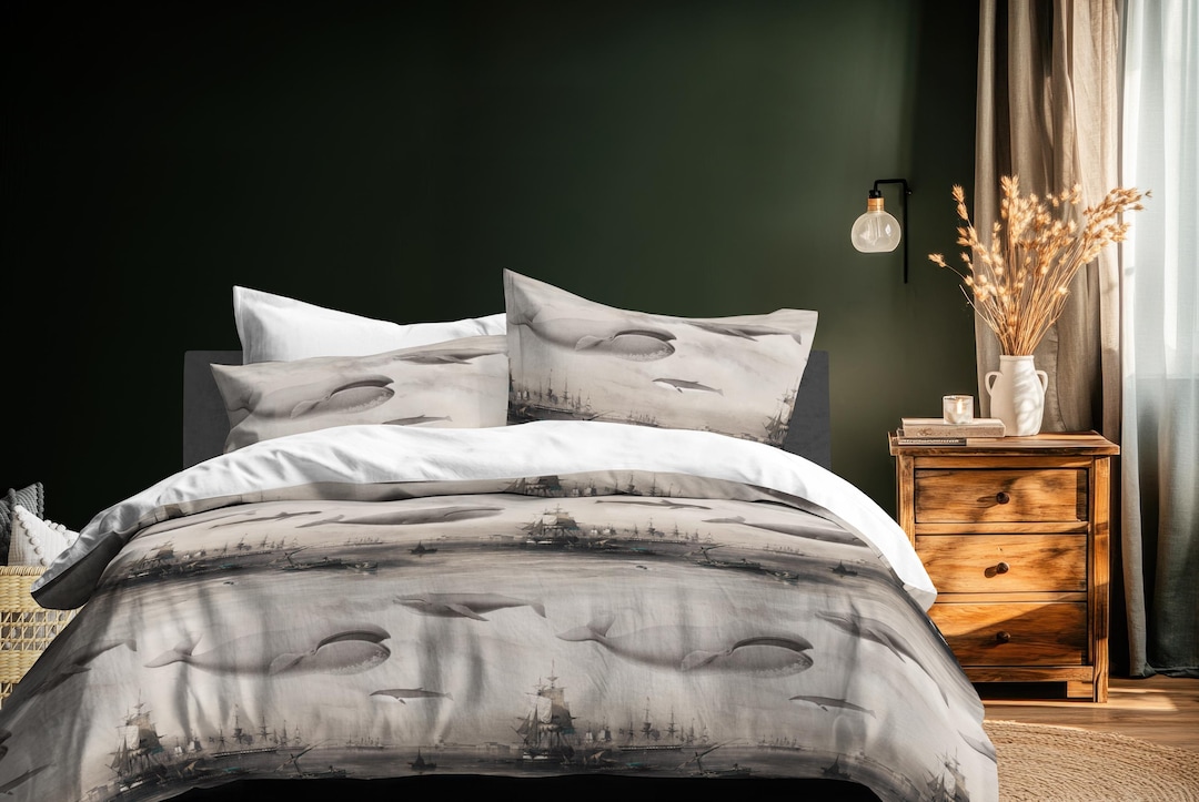 Whales & Ships Bedding in Sepia Beige Grey Teal Blue 100% Cotton Sateen ...