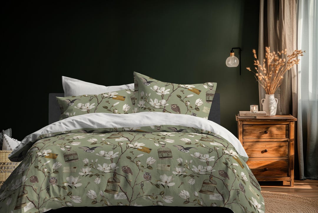 Magnolia Grove & Owls Sage Olive Green 100% Cotton Sateen Bedding Duvet ...