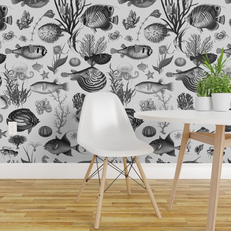 Ocean Fish Wallpaper Stone White Pale Grey Black REMOVABLE Peel and ...