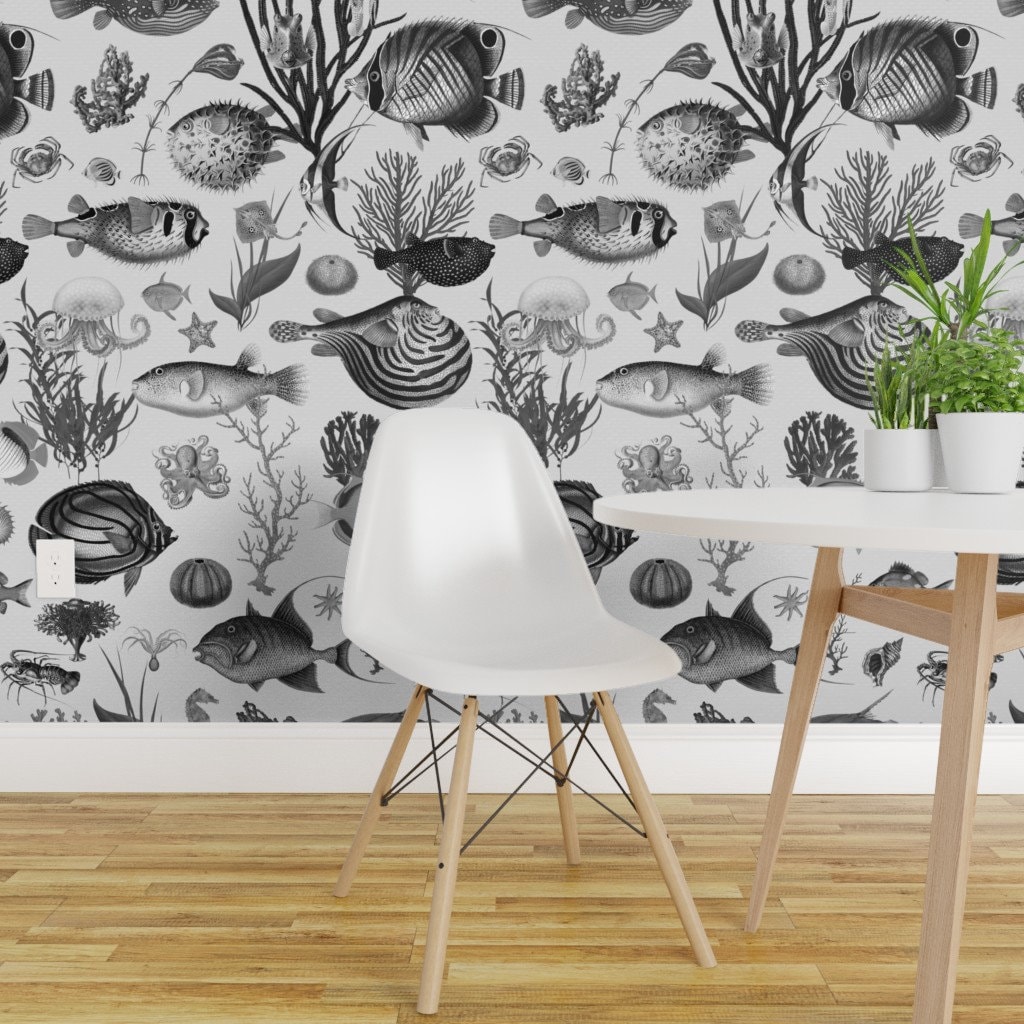Ocean Fish Wallpaper Stone White Pale Grey Black REMOVABLE Peel and ...