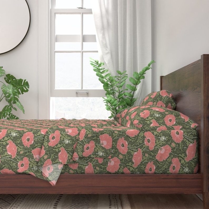 Vintage Poppy 100% Cotton Sateen Bedding Duvet Cover Pillow Sham Flat ...
