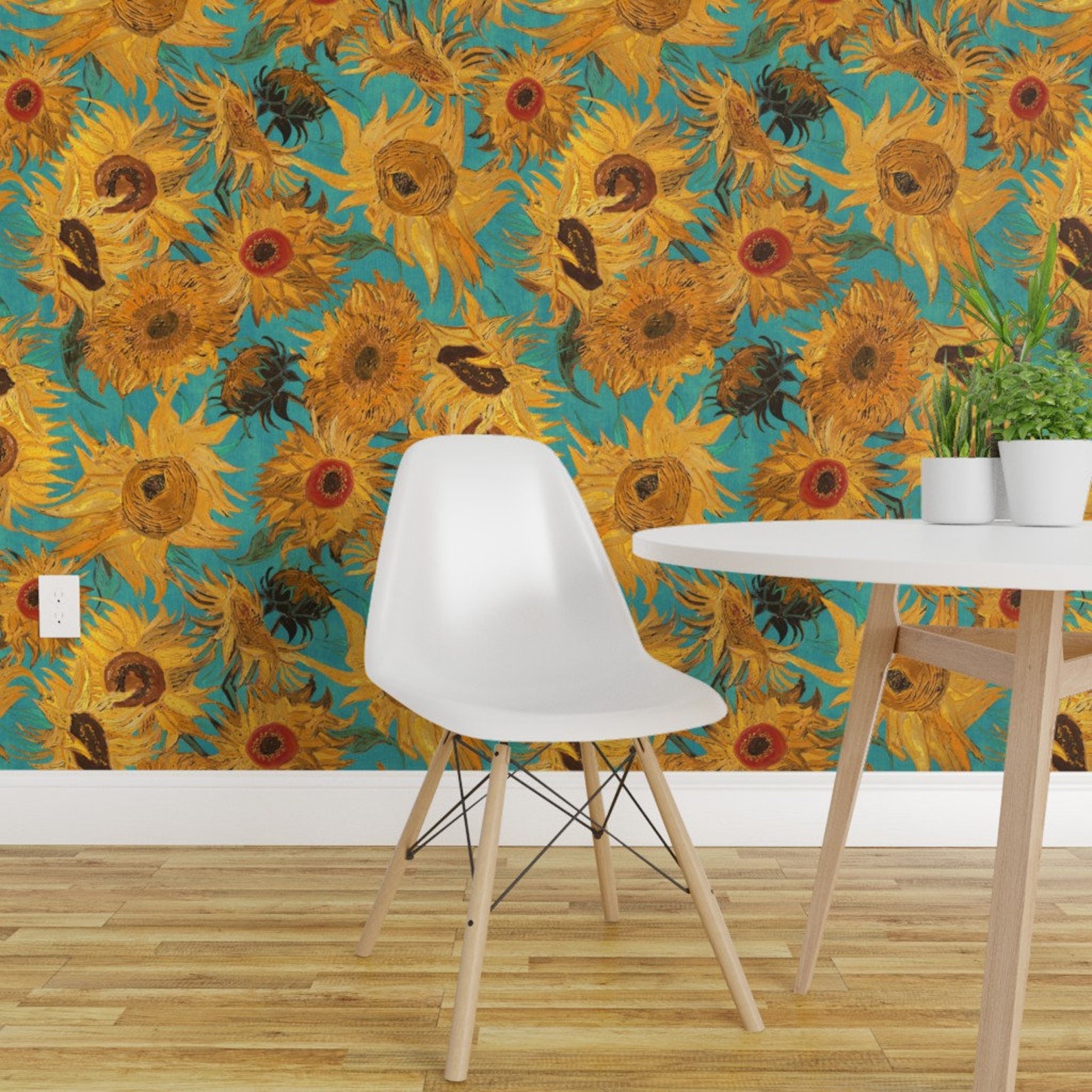 Van Gogh Sunflowers Wallpaper Teal Orange REMOVABLE Peel and - Etsy