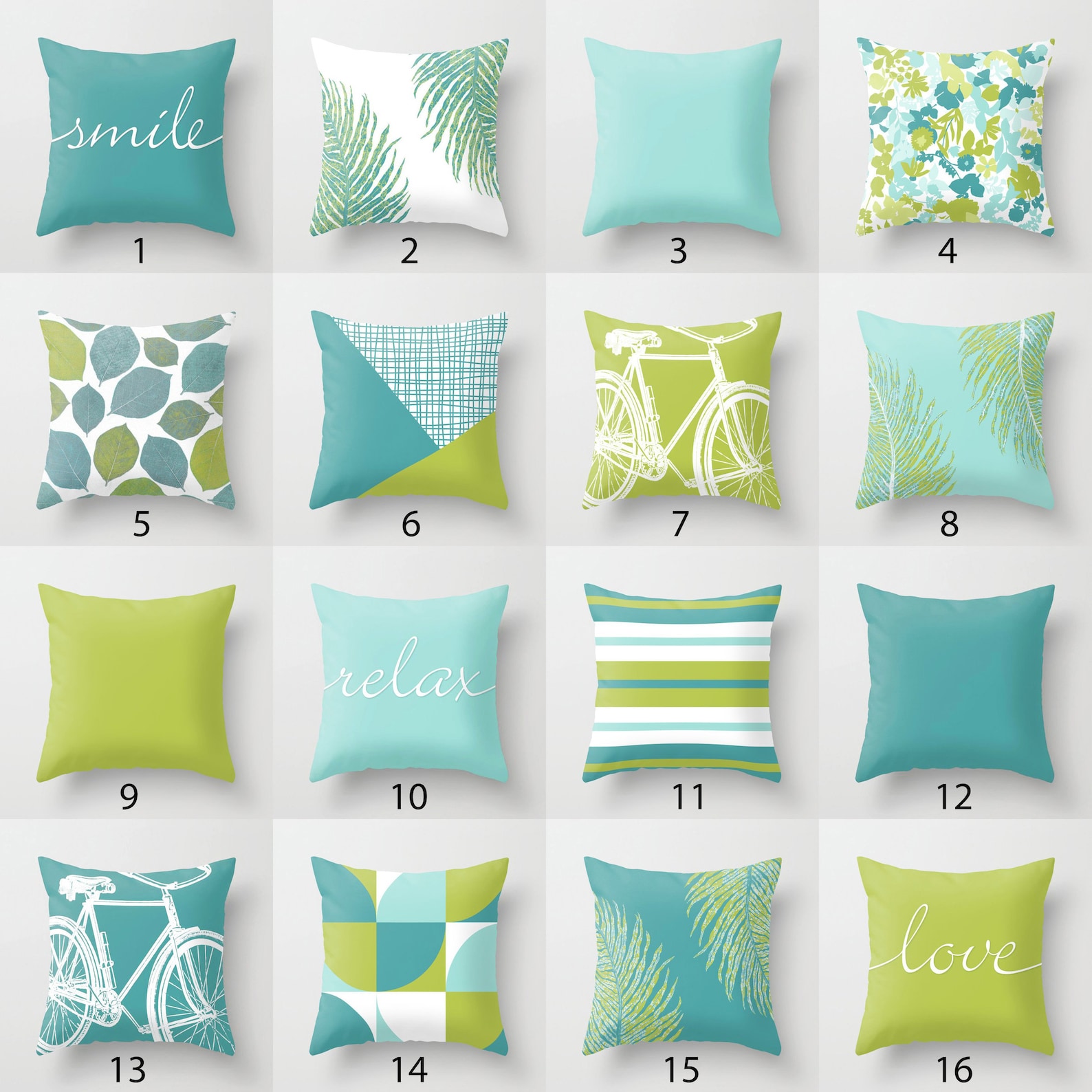 Green Teal Aqua Blue Throw Pillow Mix and Match Indoor Outdoor Cushion ...