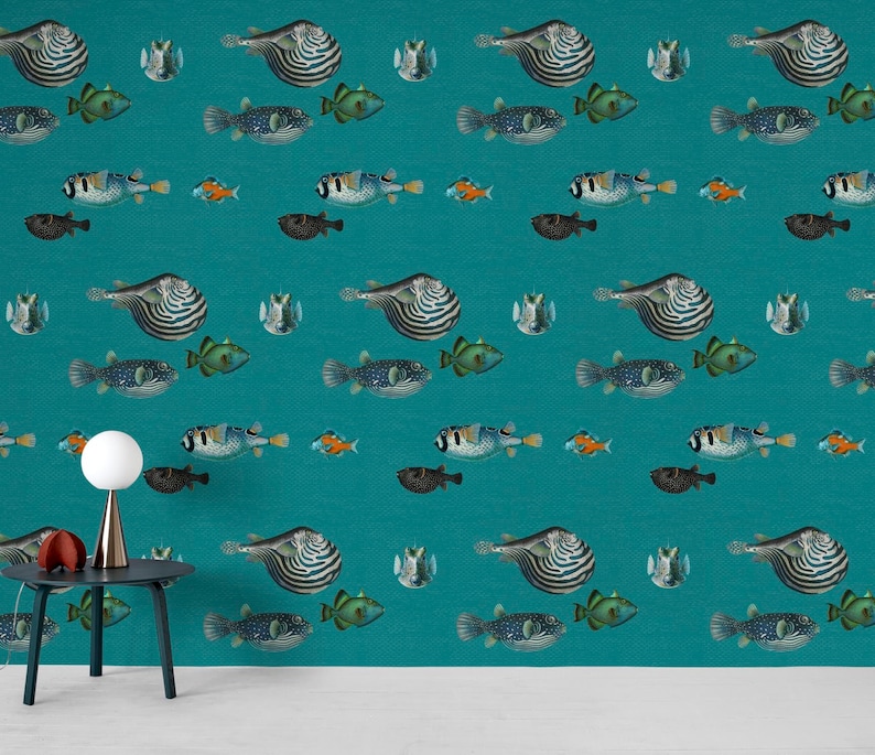 Acquario Fish Wallpaper Teal Orange Black REMOVABLE Peel and | Etsy
