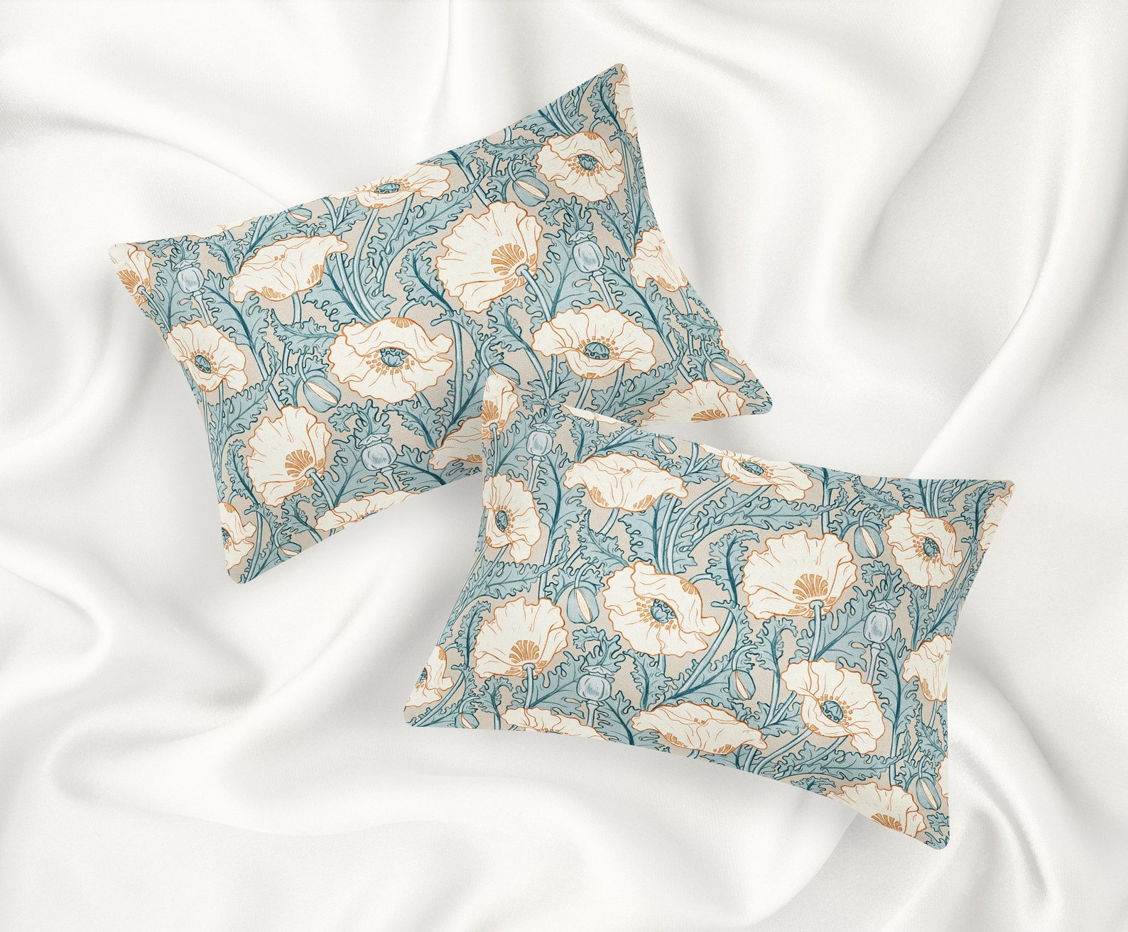 Vintage Poppy in Cream Aqua Blue Beige Rust 100 % Mulberry Silk or ...