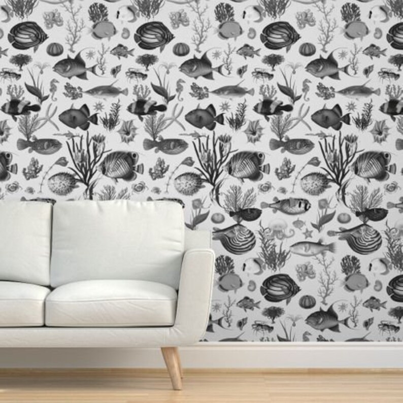 Ocean Fish Wallpaper Stone White Pale Grey Black REMOVABLE Peel and ...