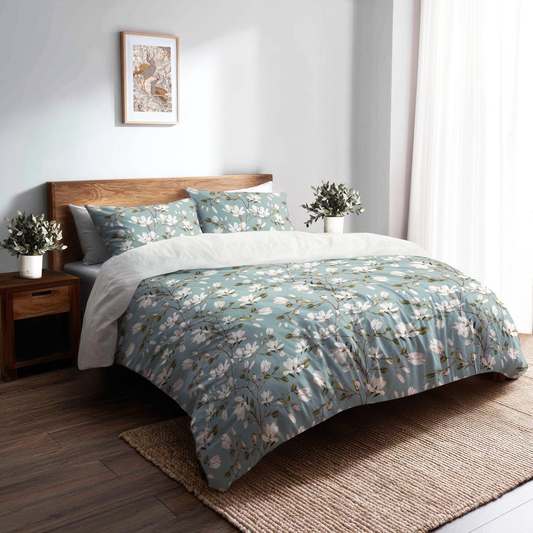 Magnolia Grove Duck Egg Blue Cream 100% Cotton Sateen Bedding Duvet ...