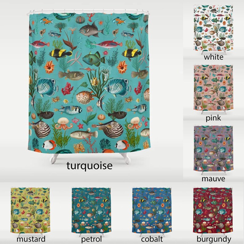 Ocean Fish Shower Curtain 70x70, 71 X 74, 70x83 Bath Teal Cobalt Blue ...