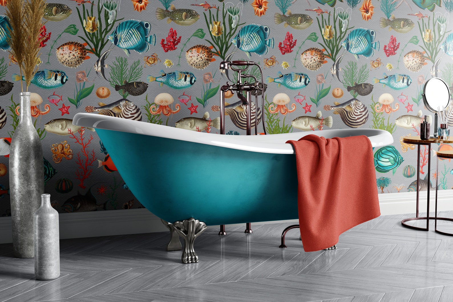Ocean Fish Wallpaper Grey Teal Coral Red REMOVABLE Peel and - Etsy