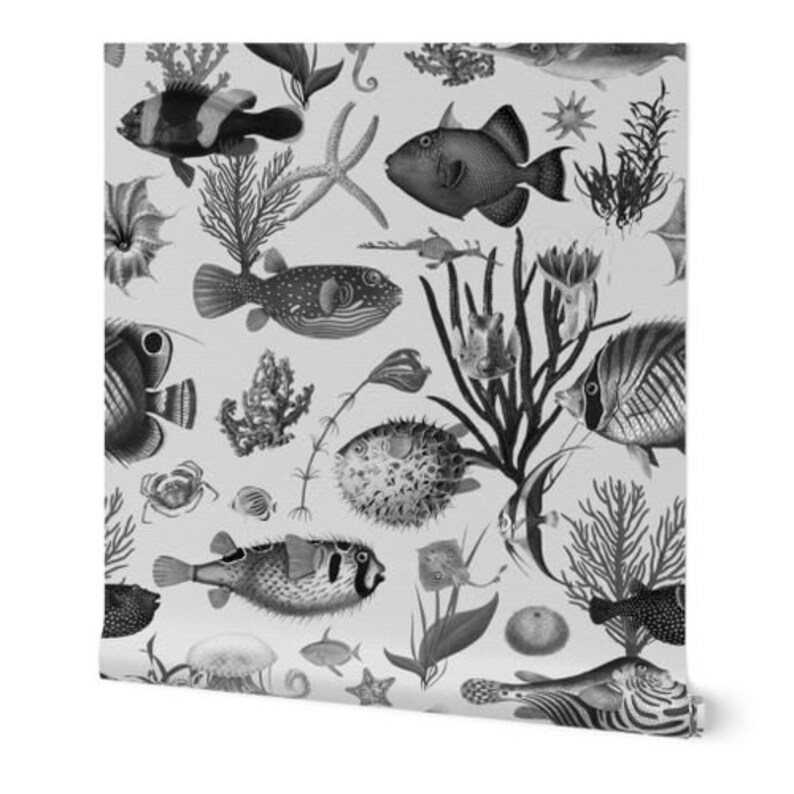 Ocean Fish Wallpaper Stone White Pale Grey Black REMOVABLE Peel and ...