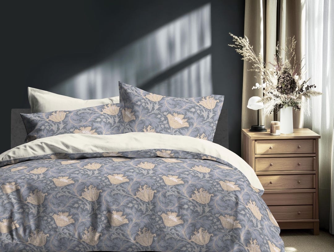 William Morris ANEMONE in Steel Slate Blue Tan Beige 100% Cotton Sateen ...