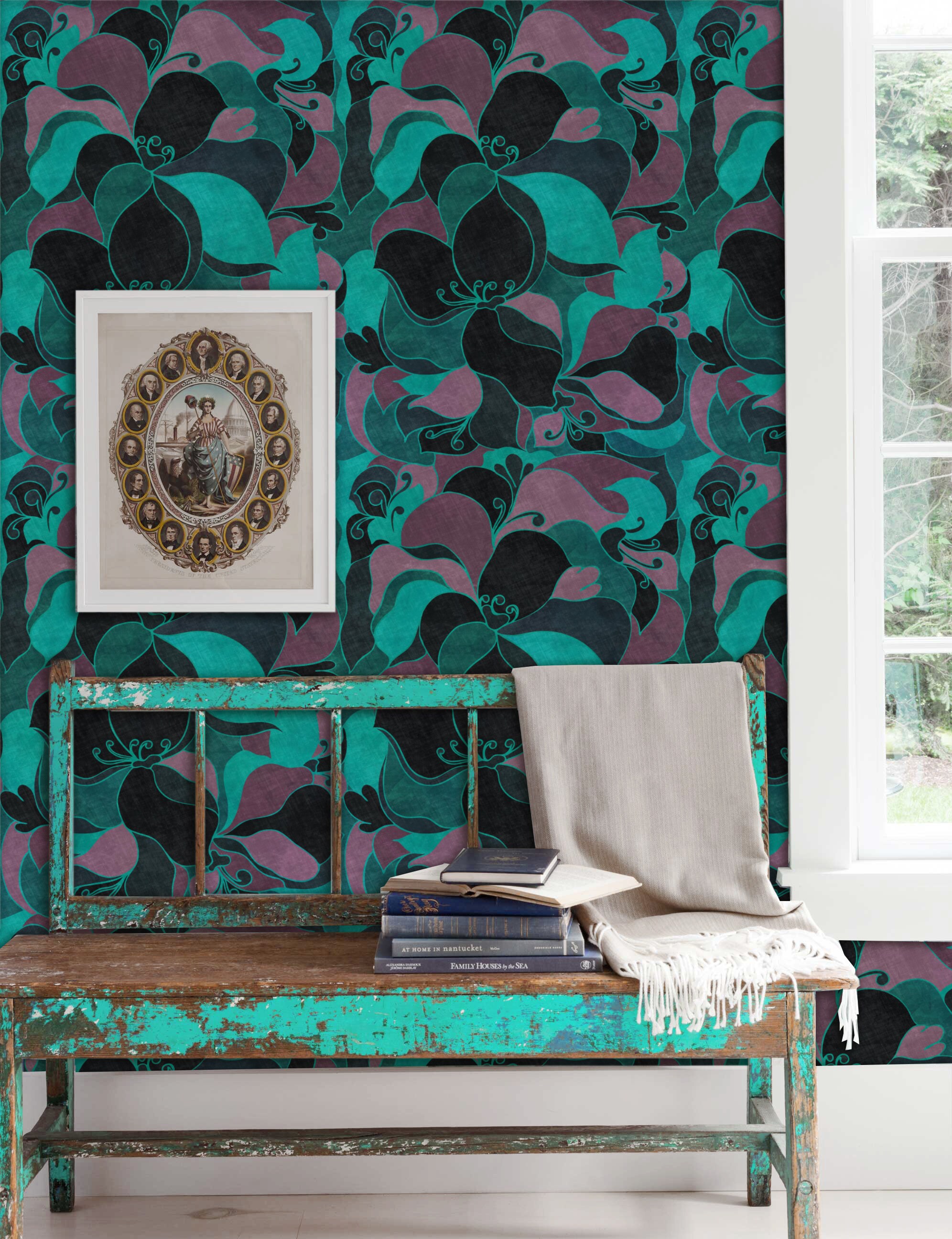 Teal & Purple Floral Wallpaper REMOVABLE Peel and Stick Self | Etsy