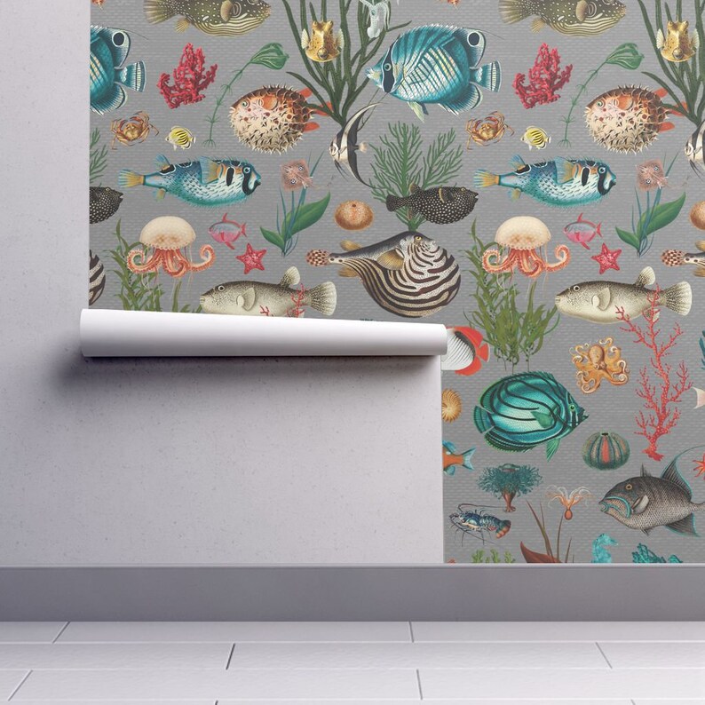 Ocean Fish Wallpaper Grey Teal Coral Red REMOVABLE Peel and - Etsy