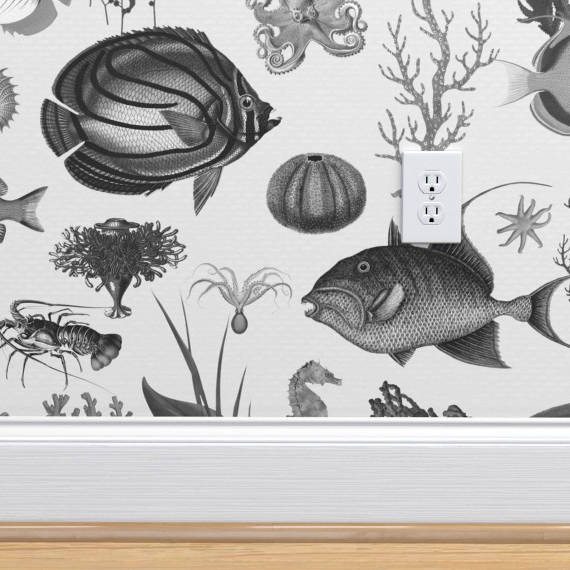 Ocean Fish Wallpaper Stone White Pale Grey Black REMOVABLE Peel and ...