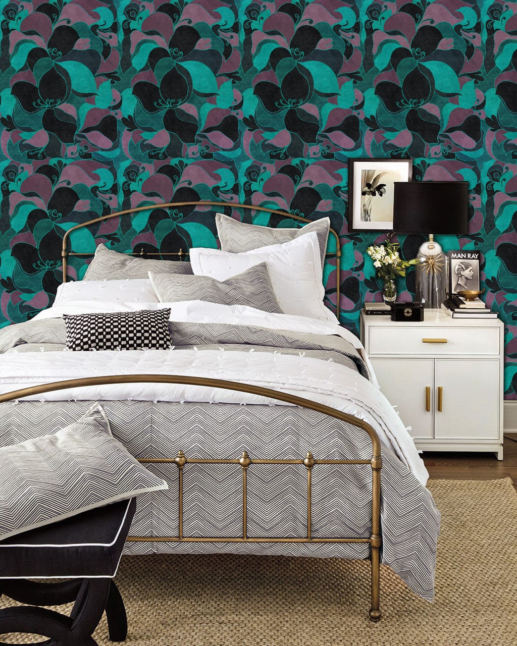 Teal & Purple Floral Wallpaper REMOVABLE Peel and Stick Self | Etsy