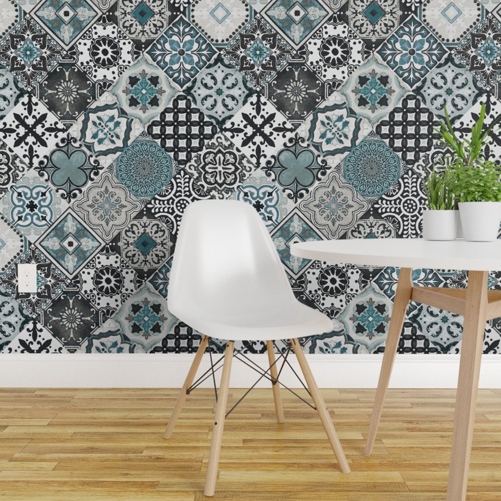 Talavera Tiles L Wallpaper Teal Mint Grey Aqua Removable Peel - Etsy
