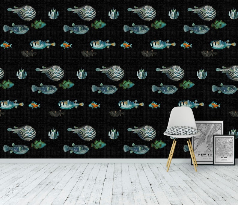 Acquario Fish Wallpaper Black Teal Orange REMOVABLE Peel and - Etsy