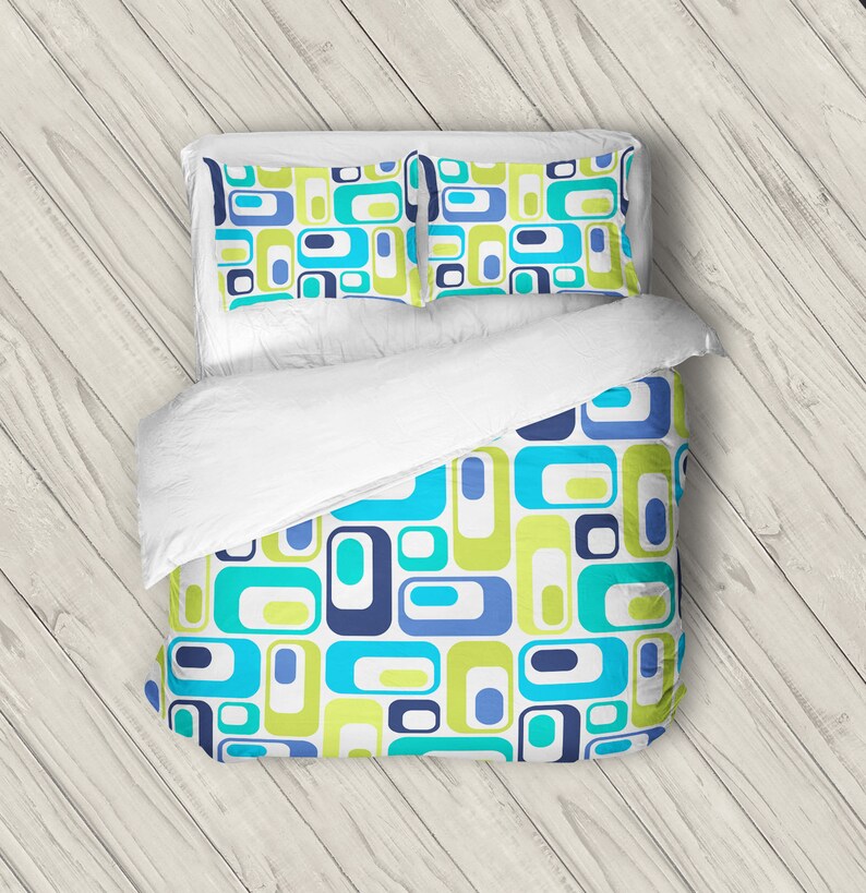 RETRO Print Blue Green White 100% Cotton Sateen Bedding Duvet - Etsy