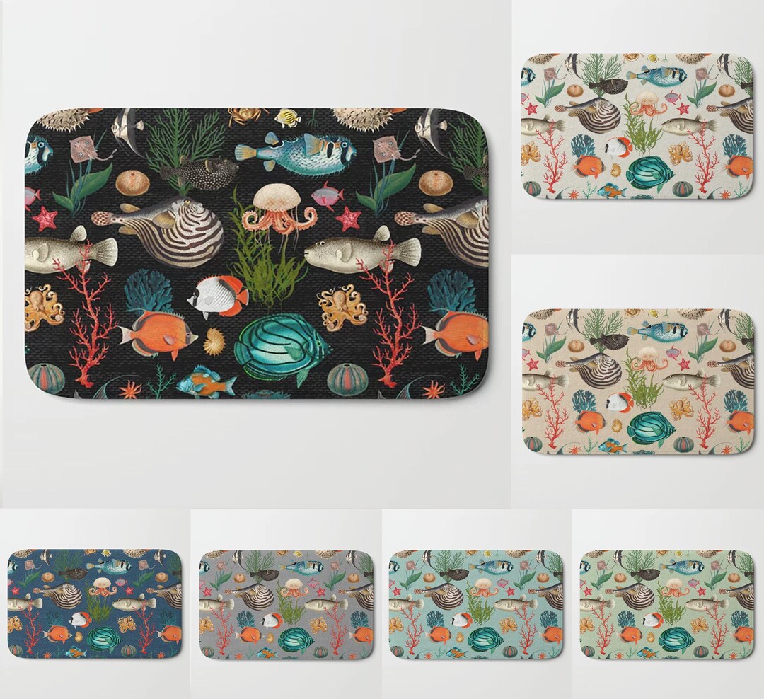 Ocean Fish Bath Mat Kitchen Plush Rug Memory Foam Bath Duck Egg Blue ...