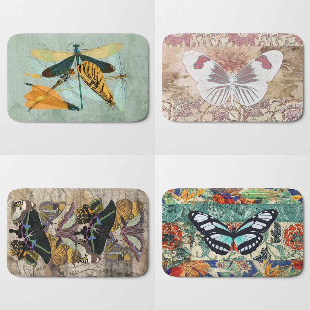 Vintage Post DRAGONFLY Grunge BUTTERFLY Bath Mat Kitchen Plush Rug ...