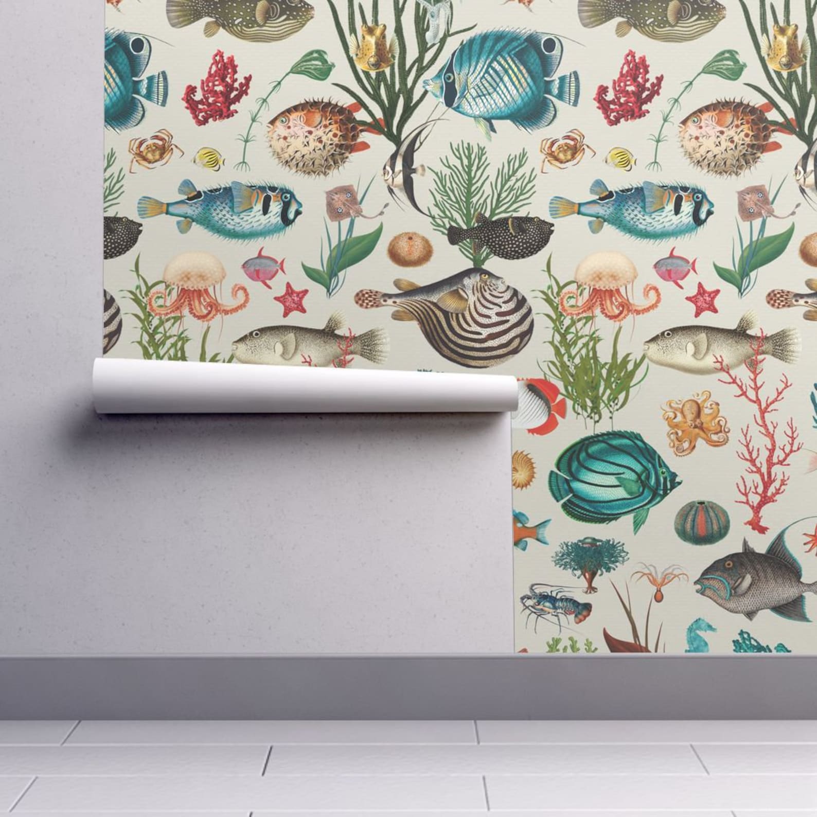 Ocean Fish Wallpaper Greige Teal Coral Red REMOVABLE Peel and Stick ...