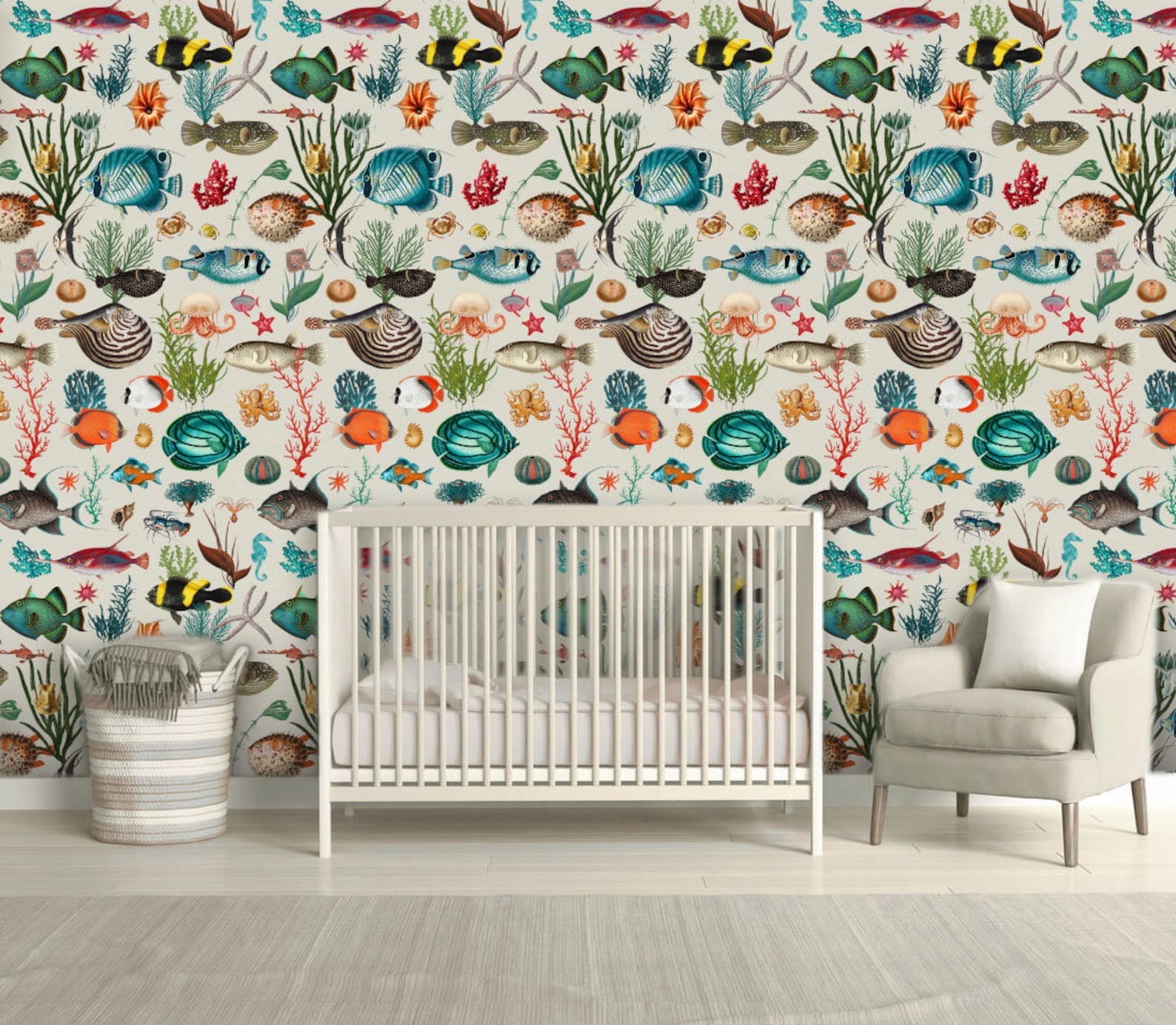 Ocean Fish Wallpaper Greige Teal Coral Red REMOVABLE Peel and Stick ...