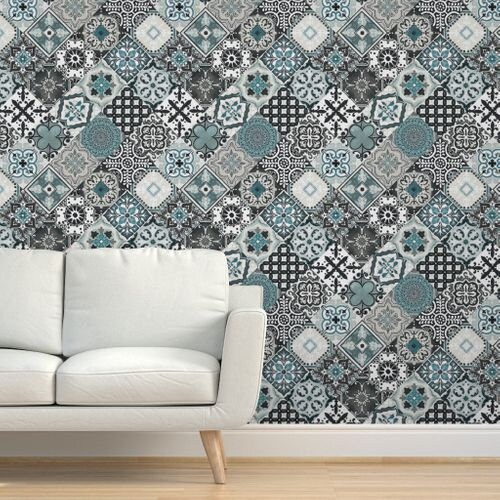 Talavera Tiles L Wallpaper Teal Mint Grey Aqua Removable Peel - Etsy