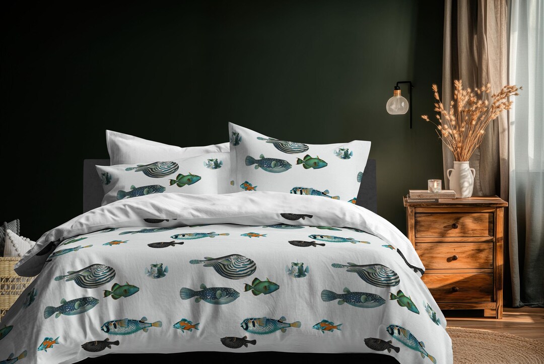 Acquario Fish Bedding in White 100% Cotton Sateen Duvet Cover Pillow ...